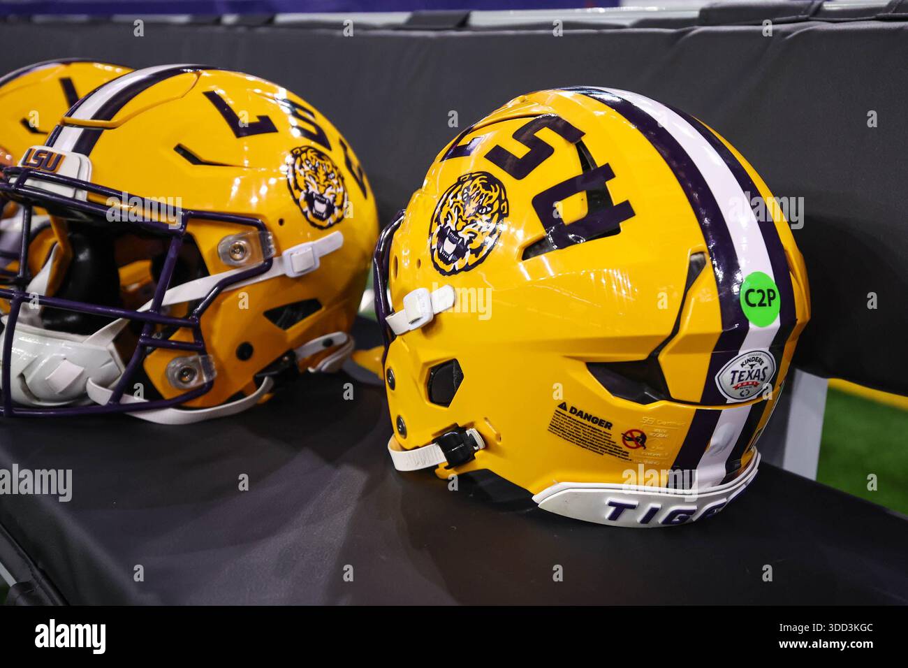 December 27, 2025: A group of LSU helmets sit on the sideline prior to ...