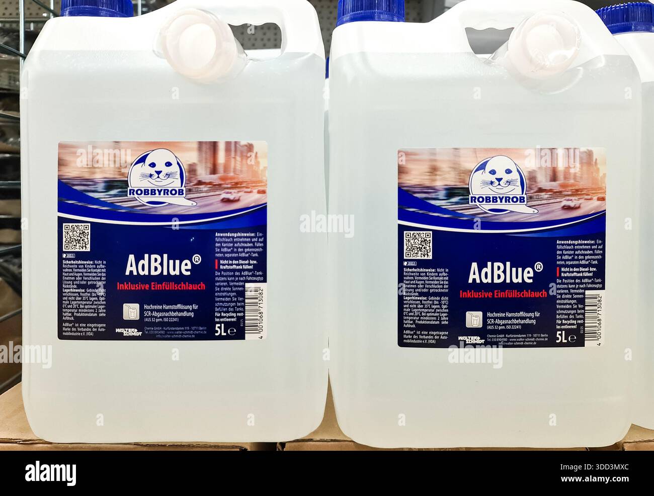 Kiel, Germany - 27. December 2025: AdBlue containers with labels for ...