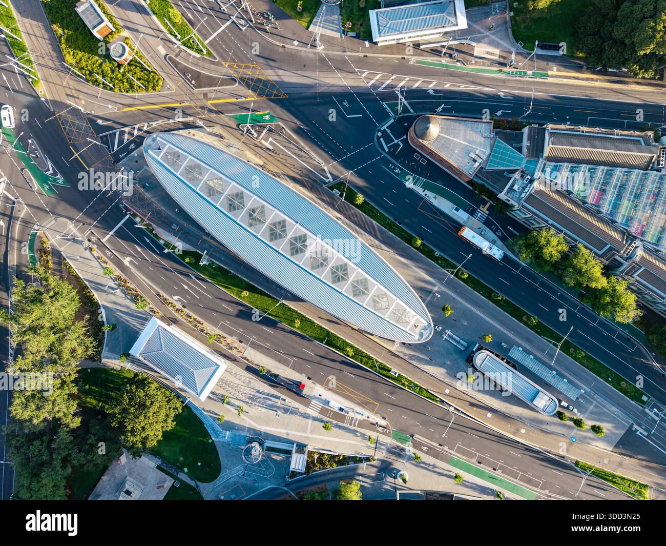 An aerial top-down view captures Anzac Station and Domain Interchange ...