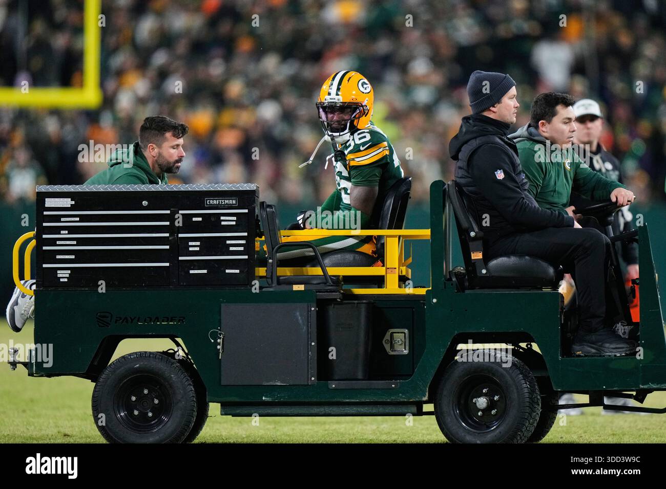 Green Bay Packers cornerback Kamal Hadden (36) is carted off the field ...