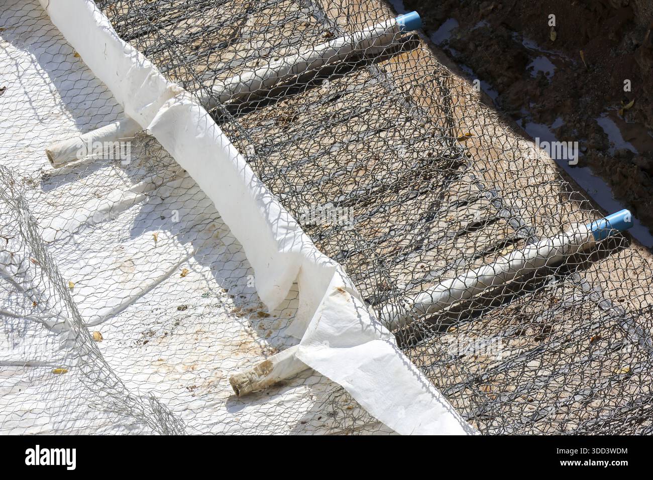 Construction site reinforcing wire mesh installation with white fabric ...