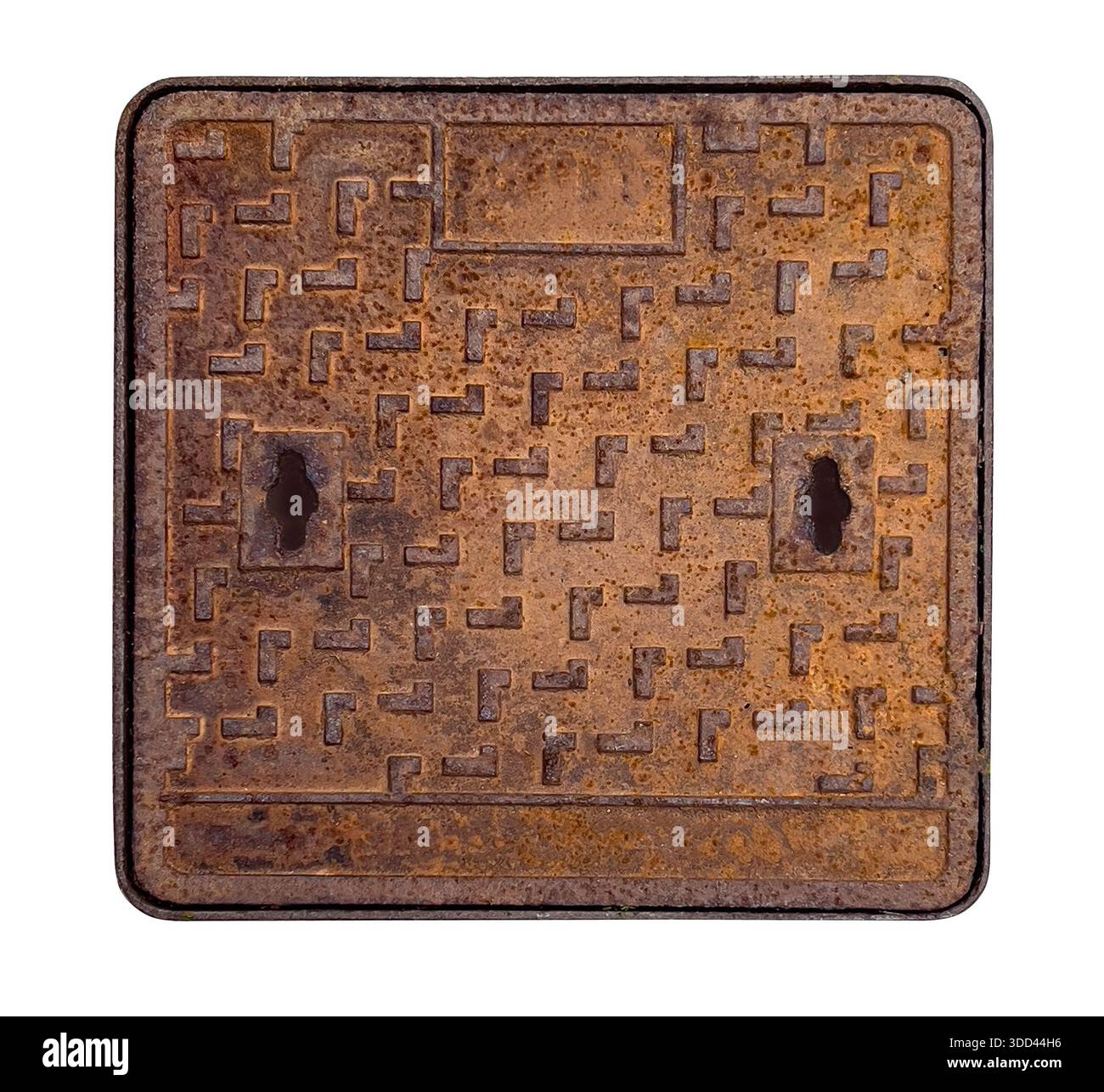 Rusty square cast iron manhole cover with textured surface, isolated on ...