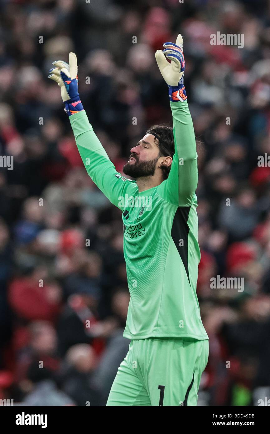 Alisson Becker of Liverpool celebrates a goal during the Premier League ...