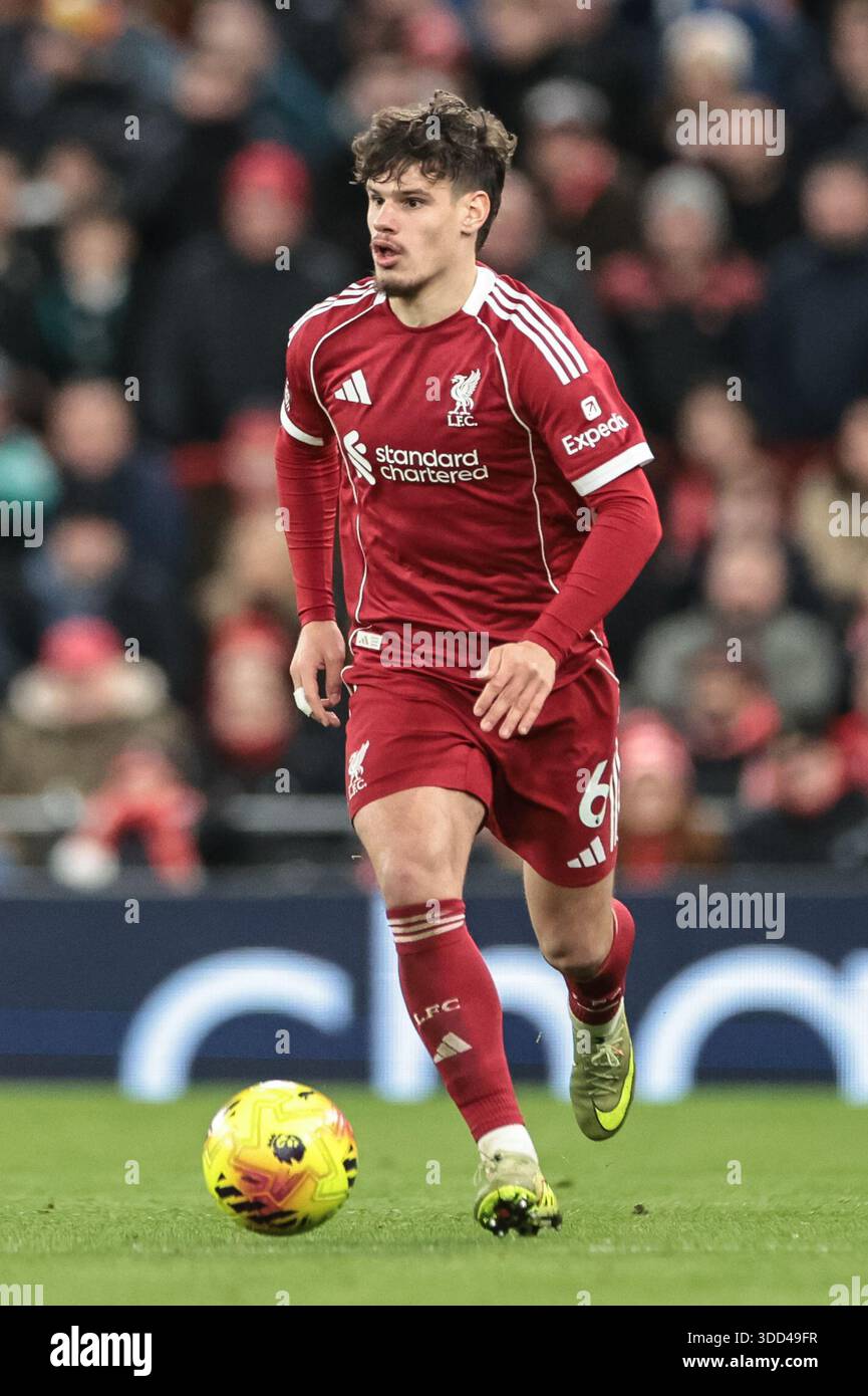 Milos Kerkez of Liverpool breaks with the ball during the Premier ...