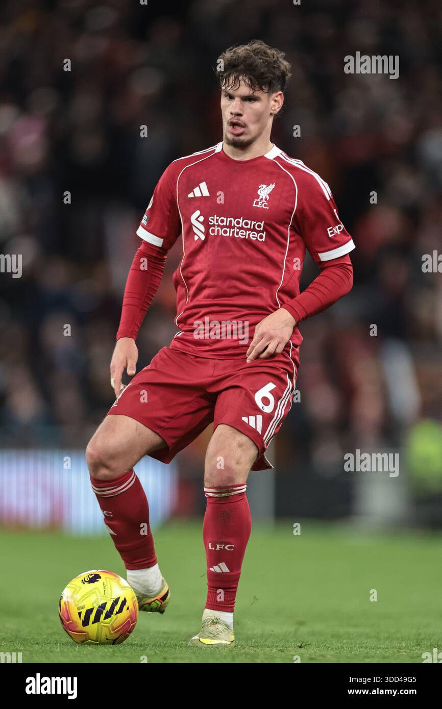 Milos Kerkez of Liverpool breaks with the ball during the Premier ...