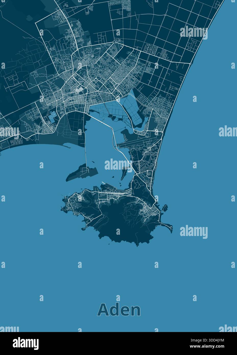 Map of Aden, featuring a monochromatic blue color scheme. The map ...