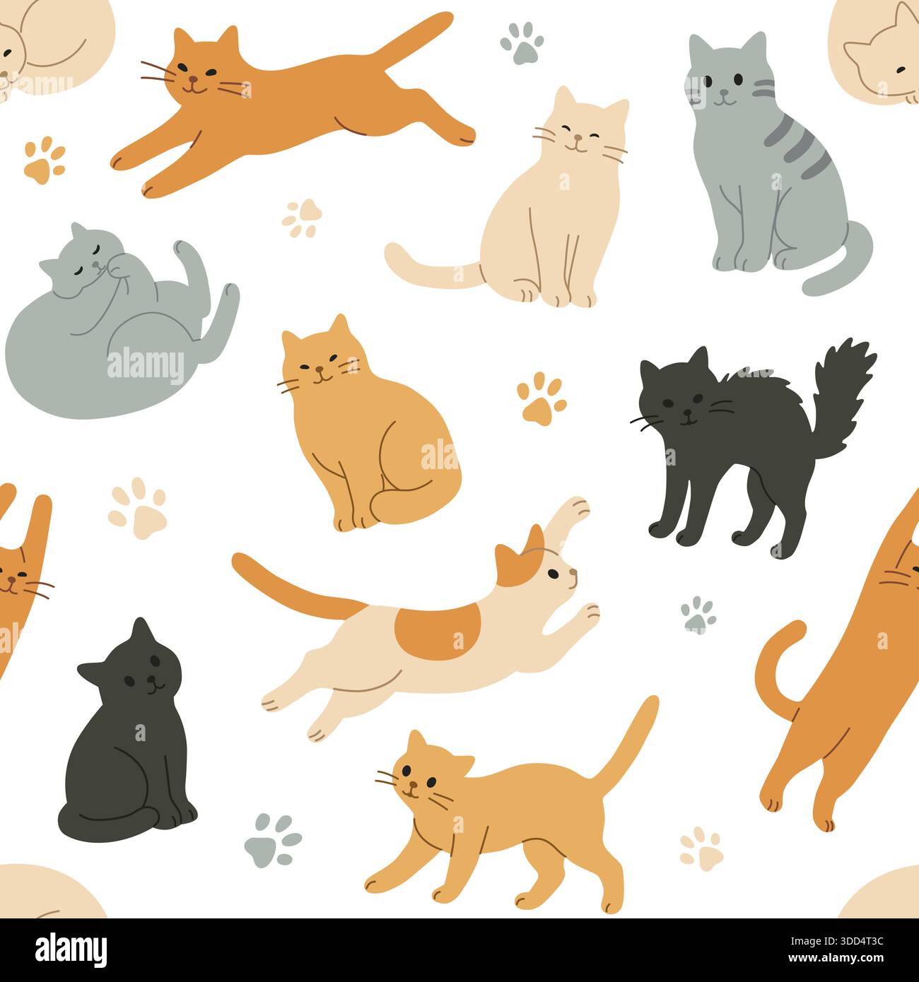 Playful cats and paw prints as seamless repeat pattern. Friendly flat ...