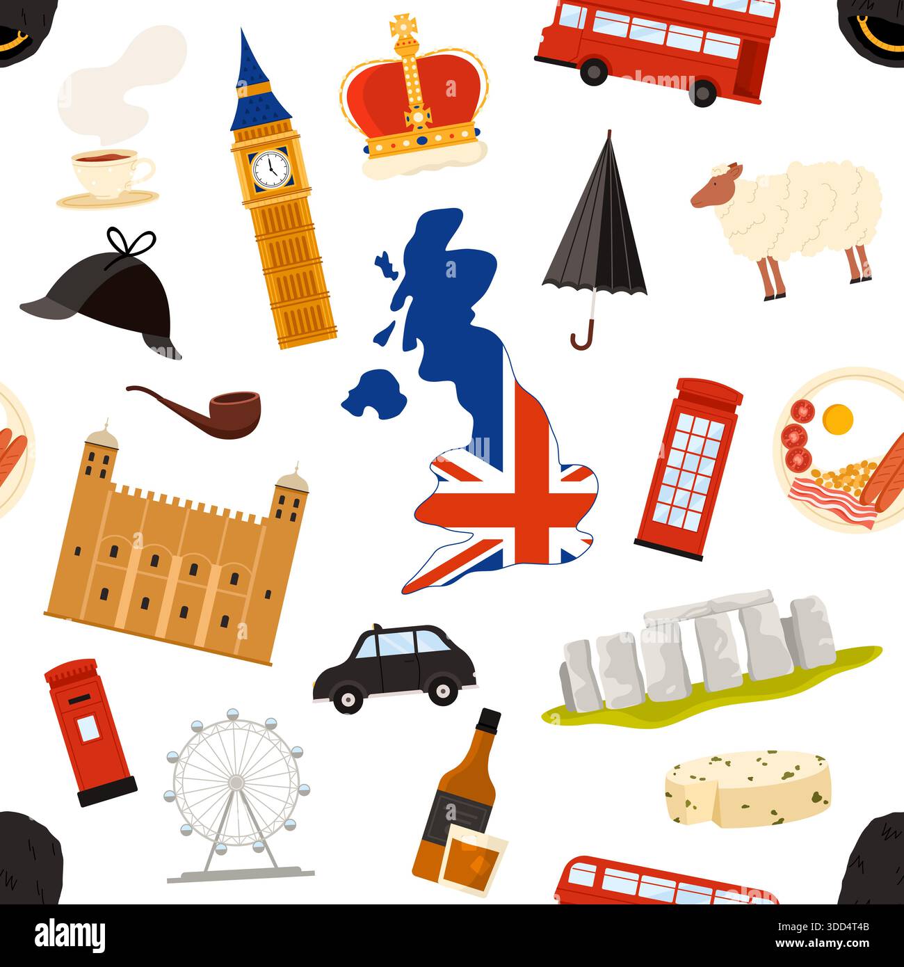 British culture icons including Big Ben, crown, double-decker bus, map ...