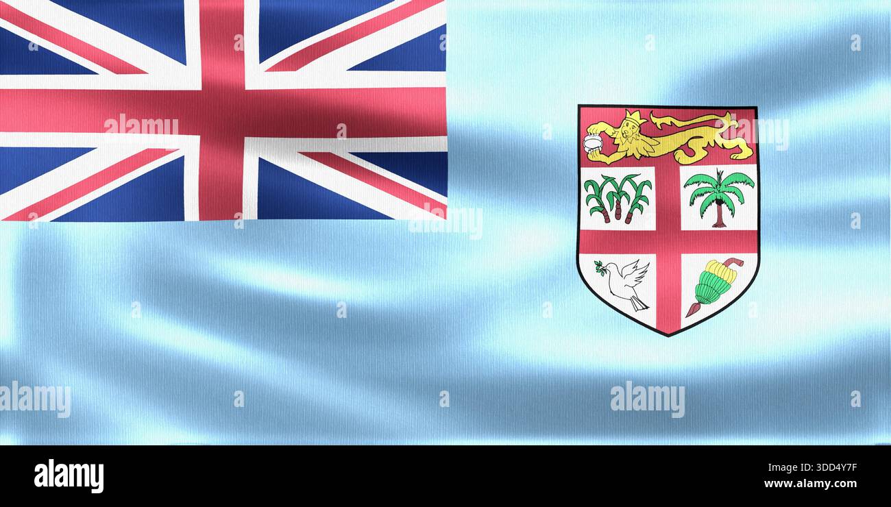 Light blue flag of Fiji waving gracefully in the wind, featuring the ...