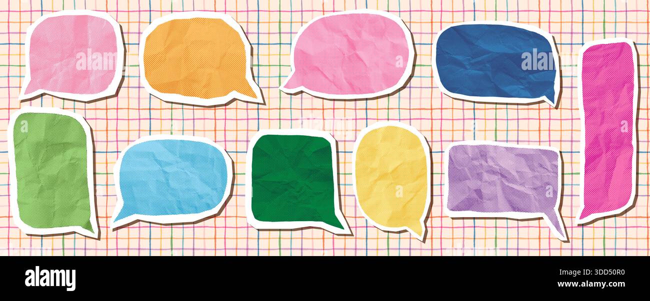 Colorful vector crumpled paper comic speech bubbles, cute empty text ...
