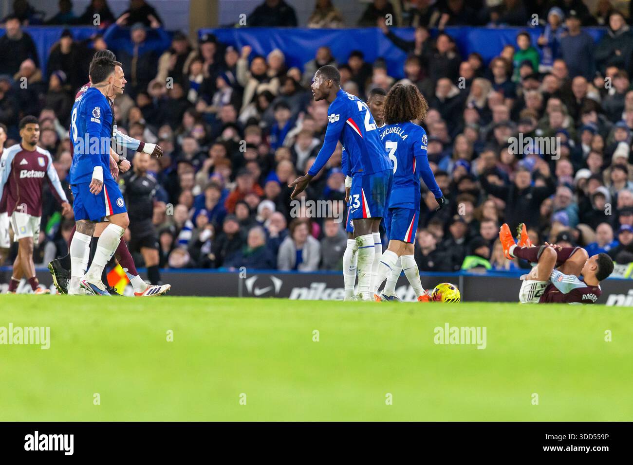 Trevoh Chalobah of Chelsea reacts to Referee Stuart Attwell during the ...