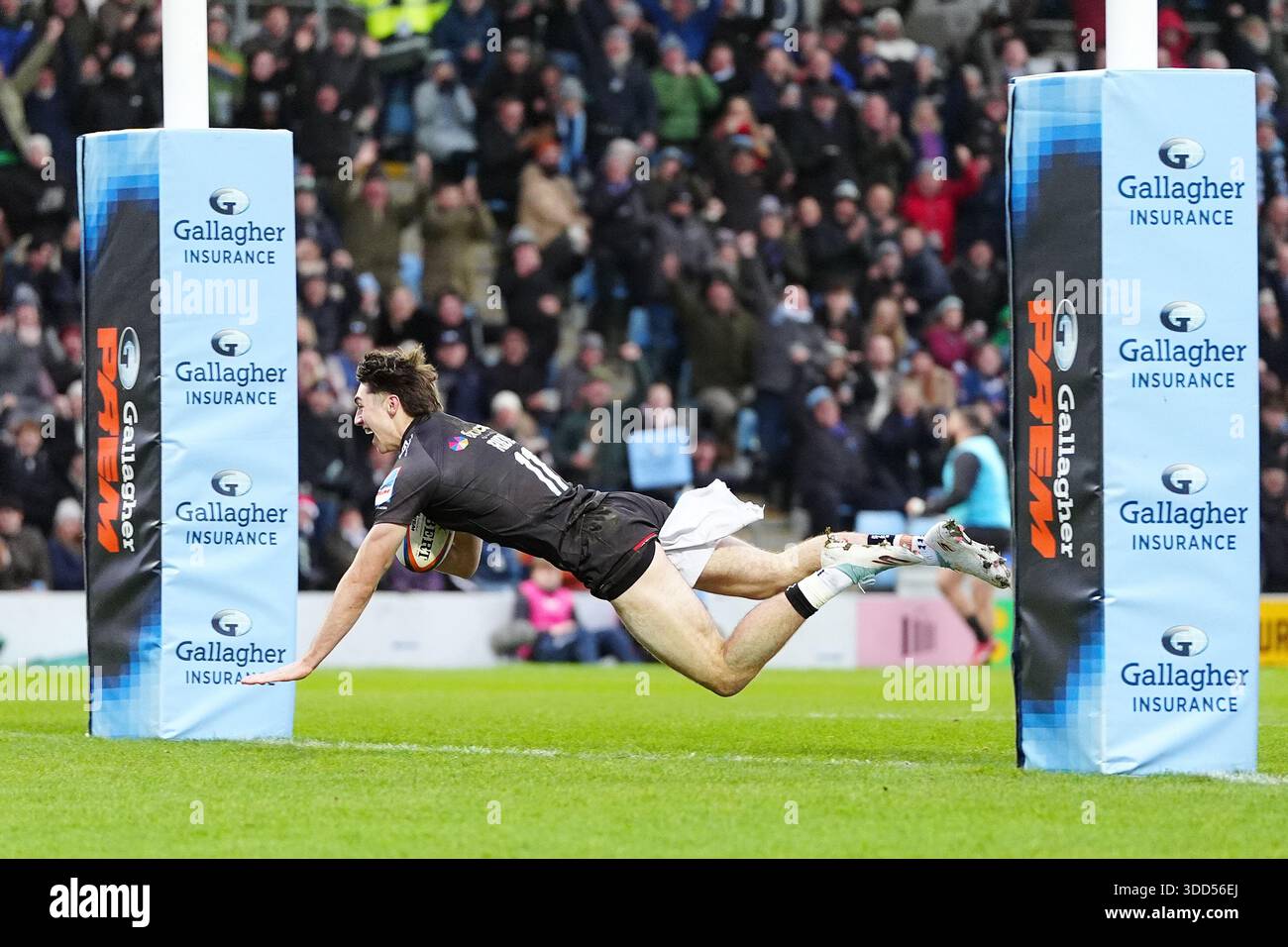 Exeter Chiefs' Campbell Ridl scores a try during the Gallagher PREM ...