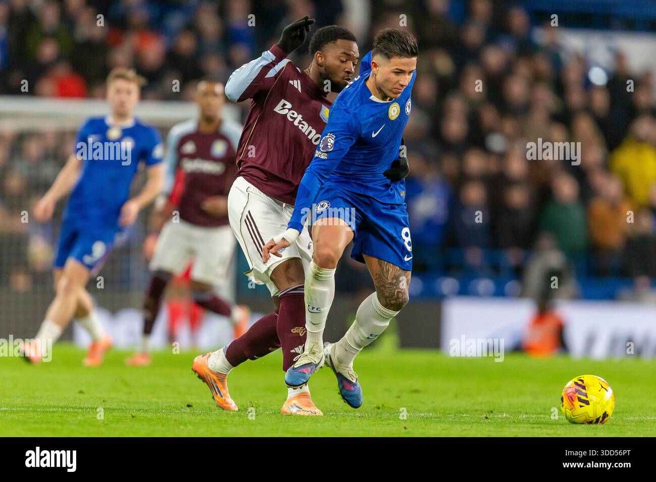 Enzo Fernández of Chelsea and Lamare Bogarde of Aston Villa battle for ...