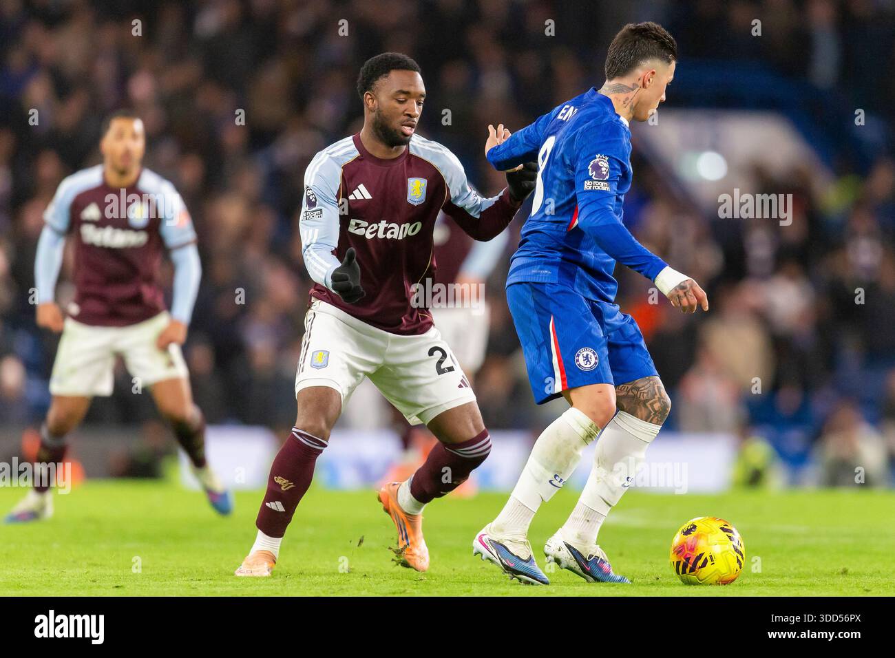 Enzo Fernández of Chelsea and Lamare Bogarde of Aston Villa battle for ...