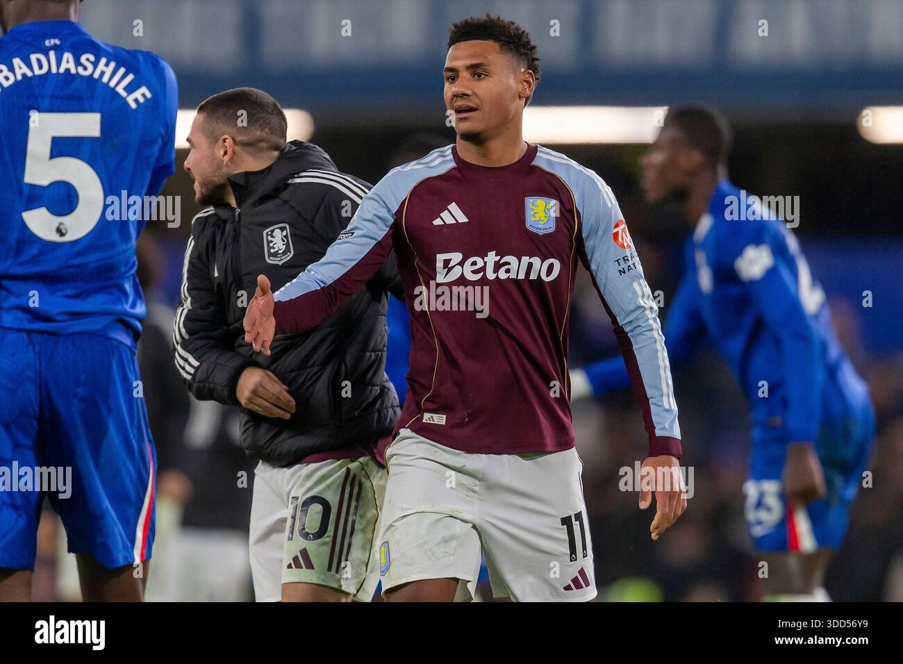 Ollie Watkins of Aston Villa reacts to Benoît Badiashile of Chelsea ...