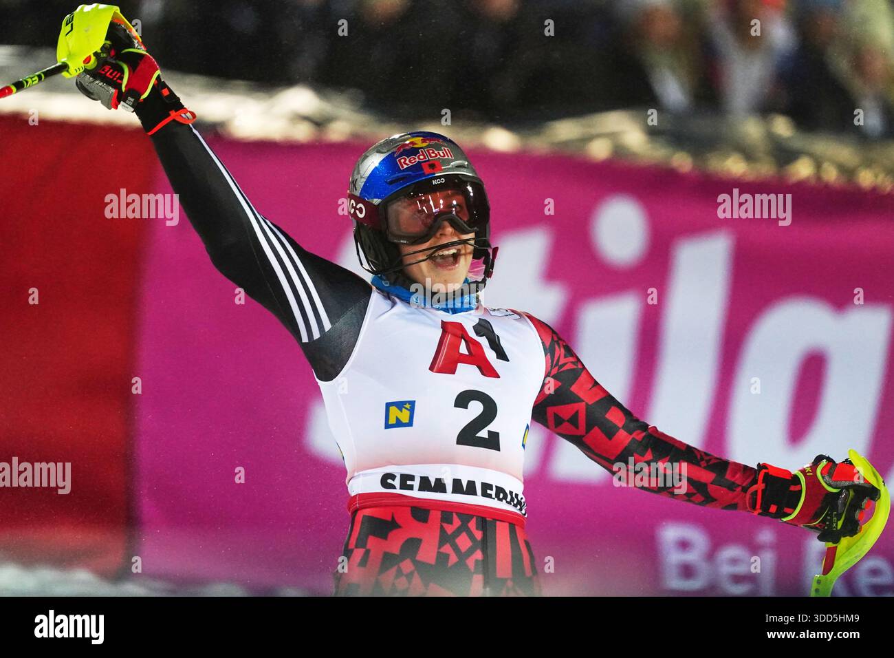 Albania's Lara Colturi reacts at the finish area of an alpine ski ...