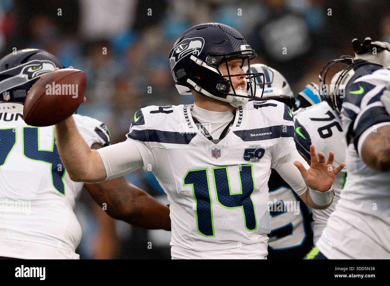 Seattle Seahawks quarterback Sam Darnold passes against the Carolina ...