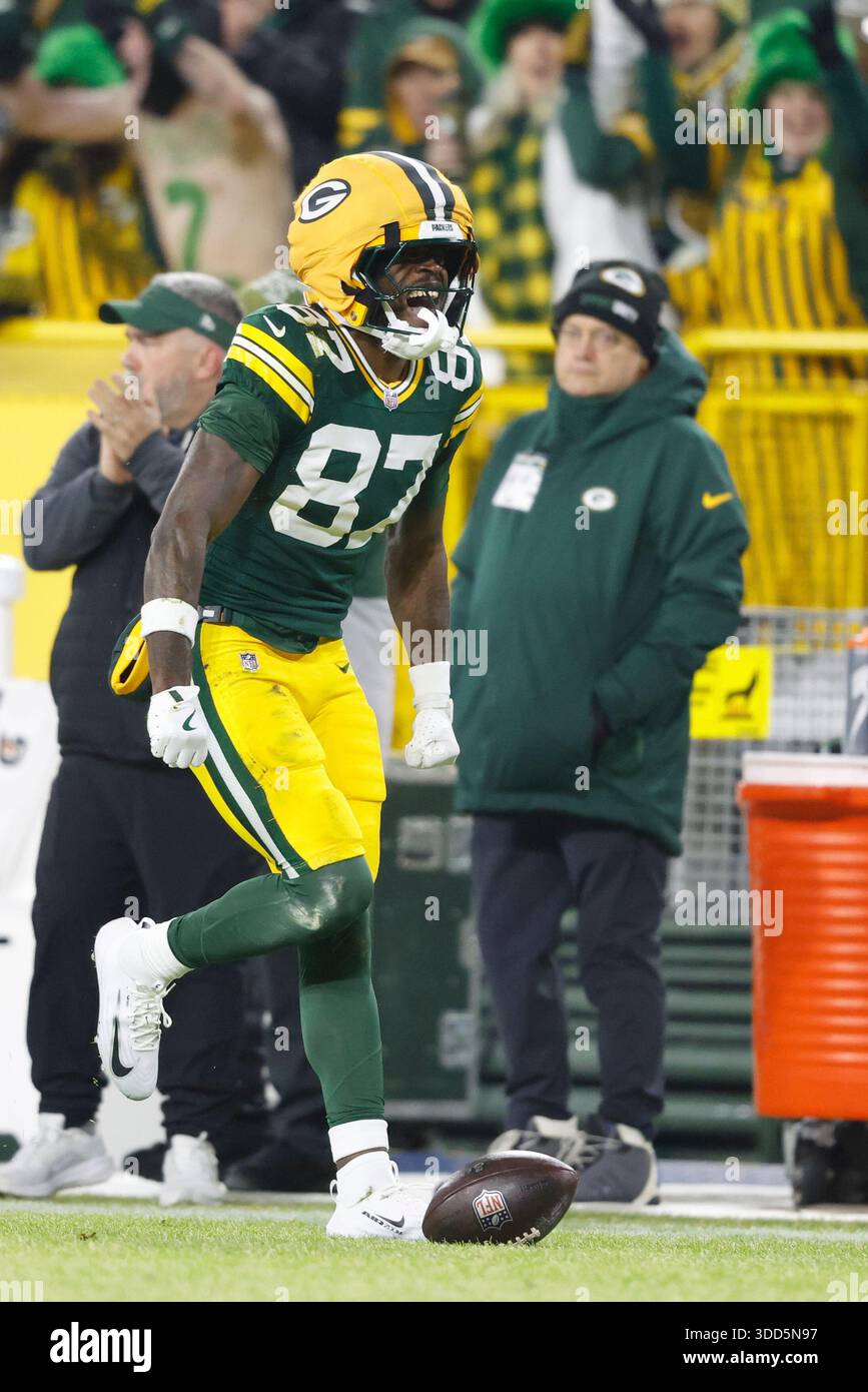 Green Bay Packers wide receiver Romeo Doubs (87) reacts during an NFL ...