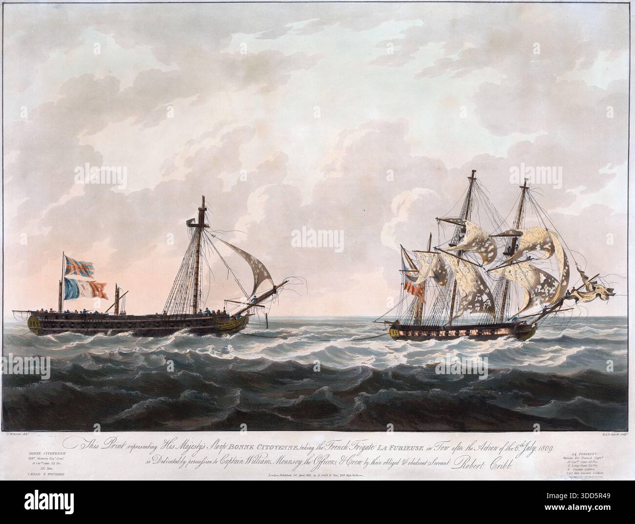 A print hand coloured of HMS sloop Bonne Citoyanni taking the French ...