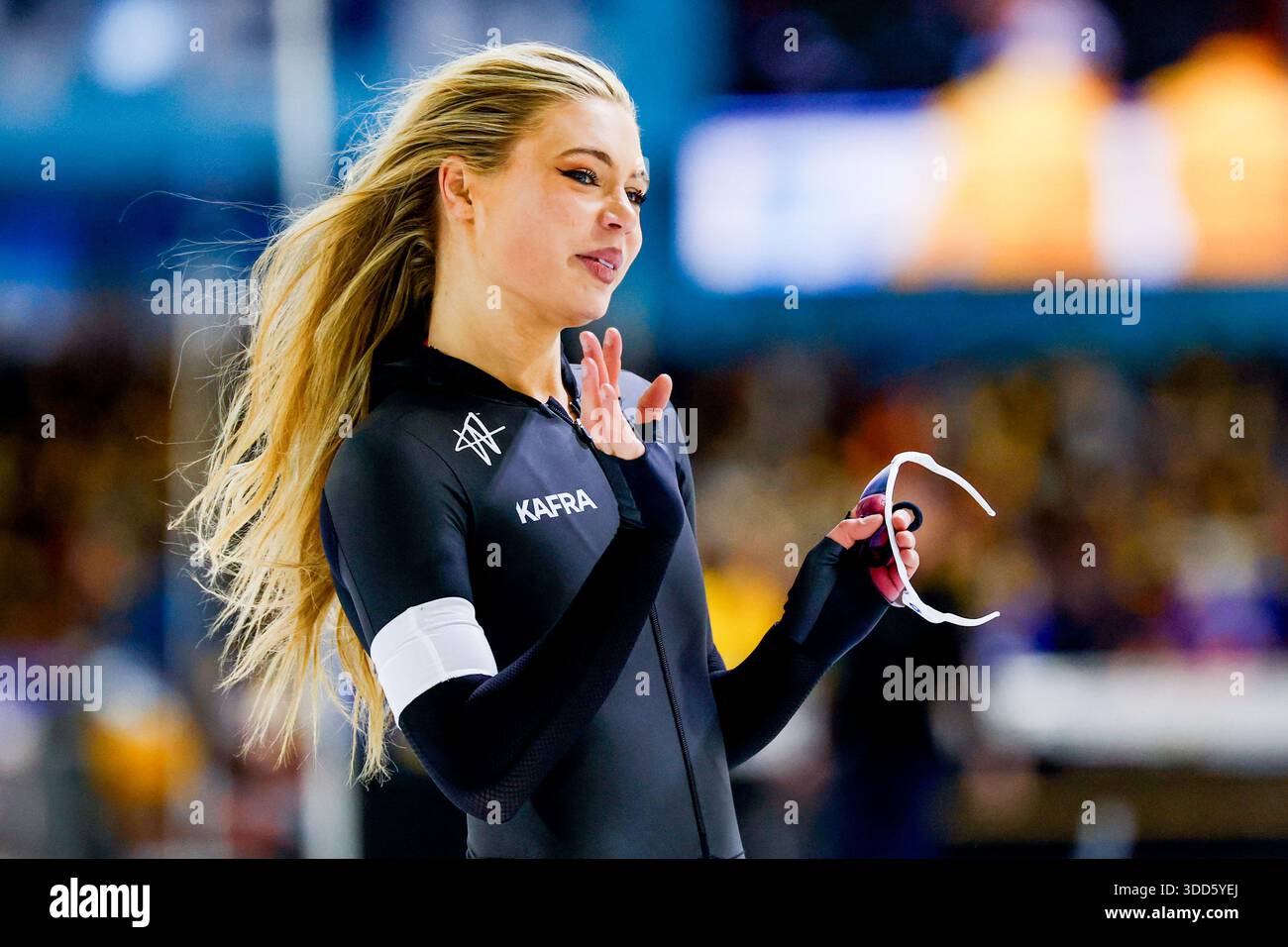 Jutta Leerdam of Team Kafra wave after competing on the Women's 500m on ...