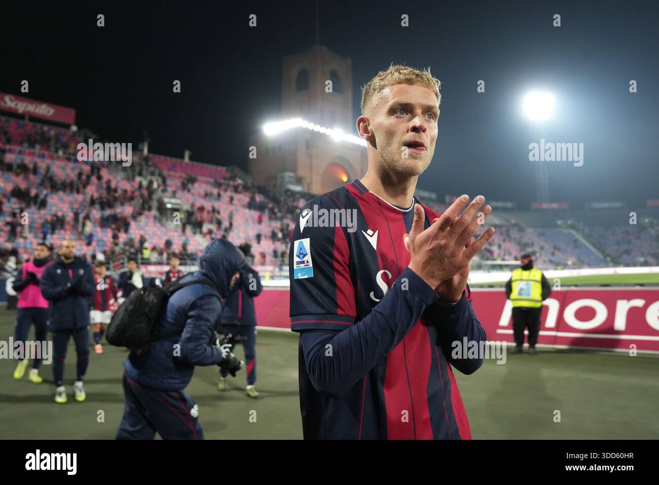 Bologna's Jens Odgaard greets the fans at the end of the Serie A soccer ...
