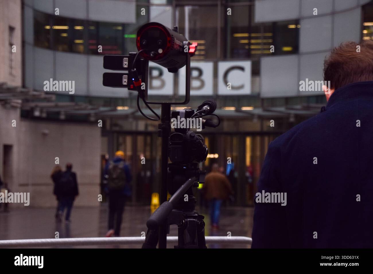 London, UK. 11th November 2025. A reporter and TV camera outside ...