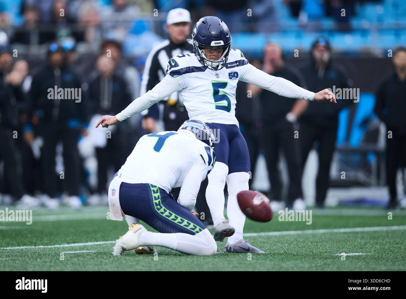 Seattle Seahawks kicker Jason Myers (5) kicks anextra-point against the ...