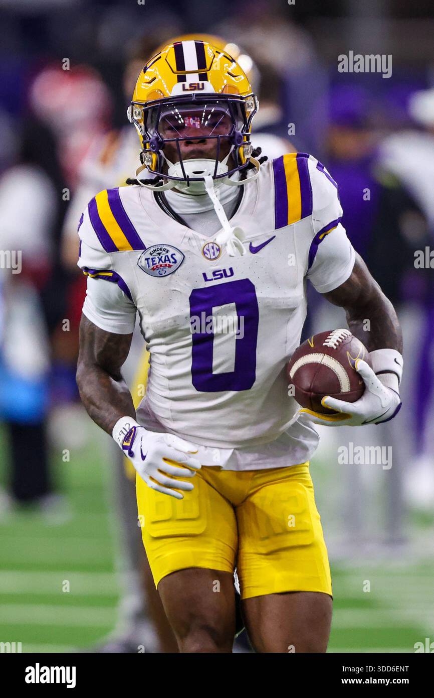 December 27, 2025: LSU wide receiver Zavion Thomas (0) runs after a ...