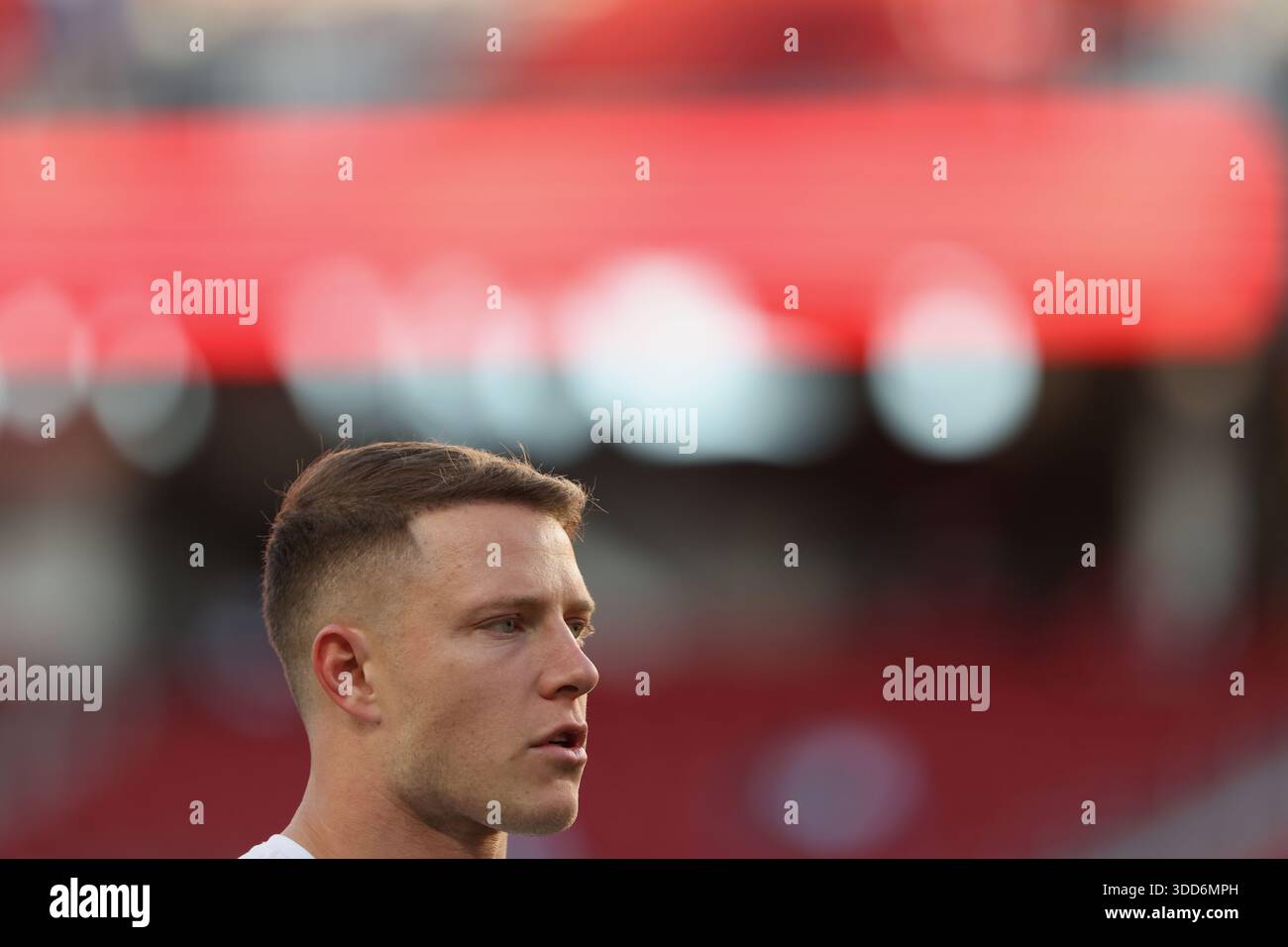 San Francisco 49ers running back Christian McCaffrey warms up before an ...