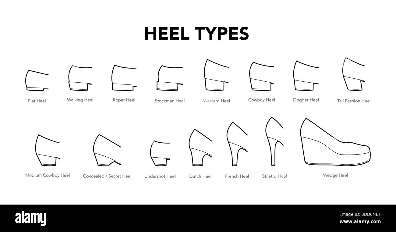 Heel types diagram flat line set. Roper, dogger, cowboy stiletto heel ...