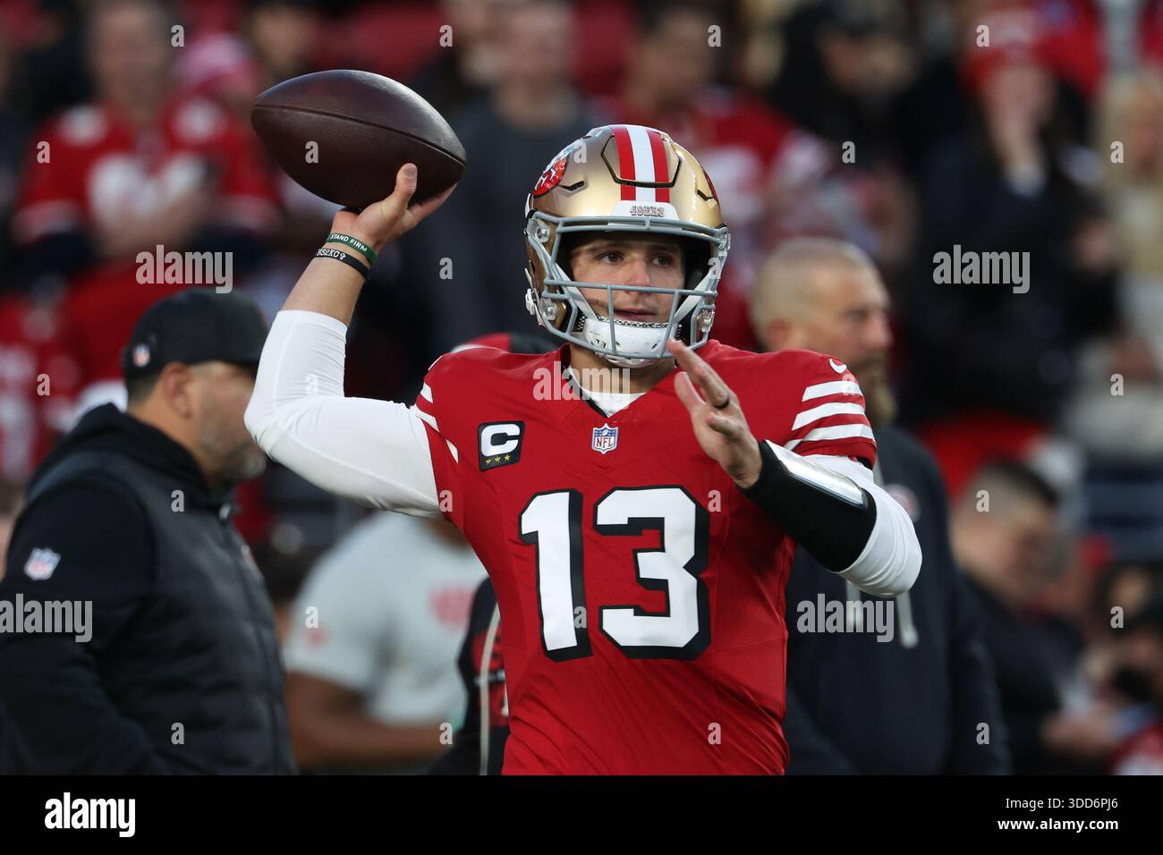 San Francisco 49ers quarterback Brock Purdy (13) warms up before an NFL ...