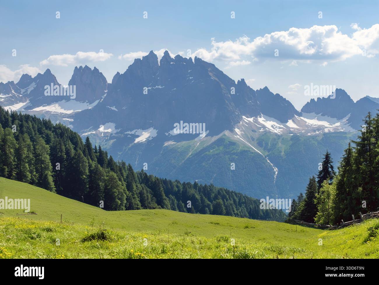 Traditional Swiss chalet emerald meadow snow peaks Bernese Alps summer ...