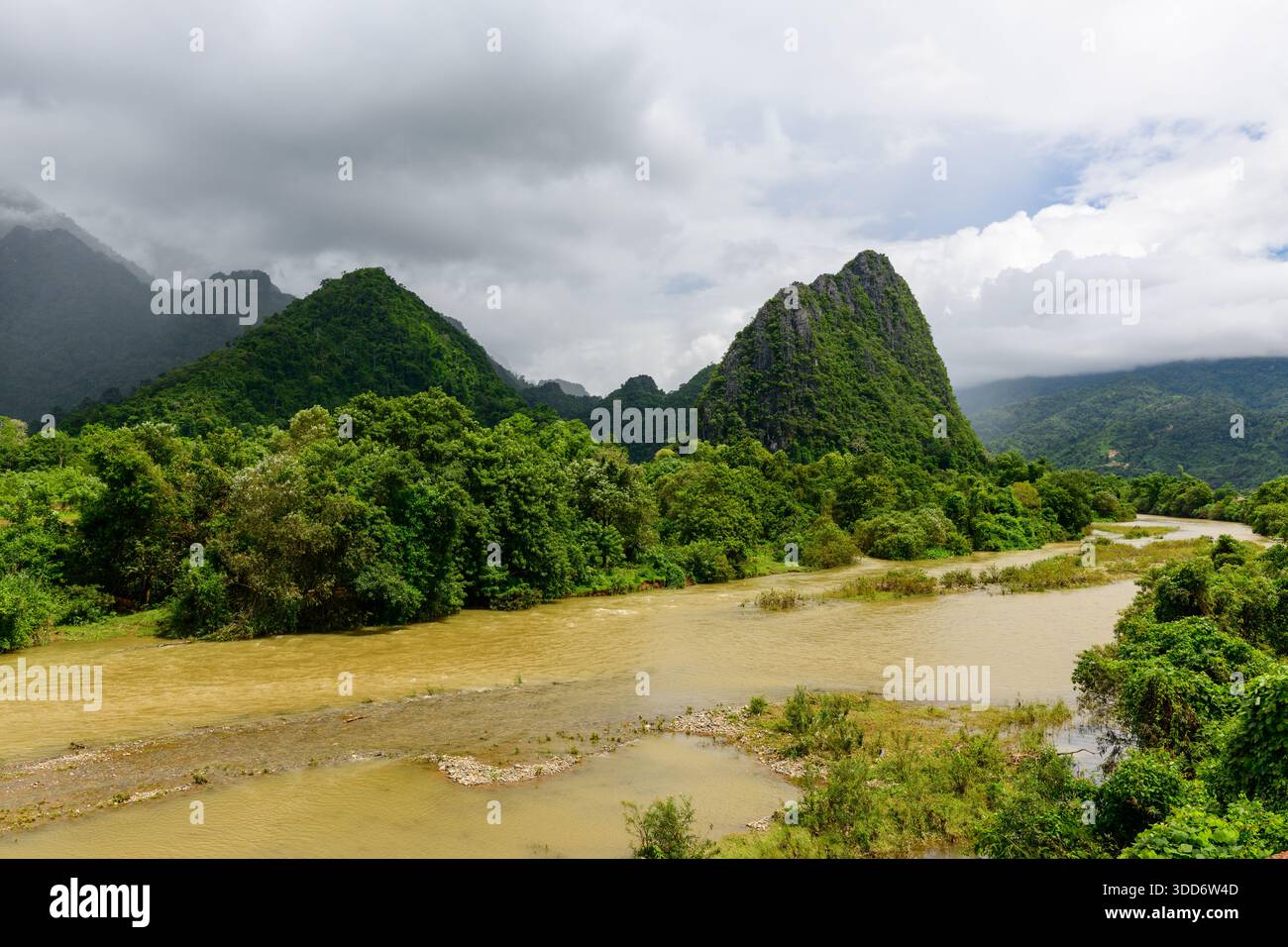 A muddy river meanders through dense green forest at the base of ...