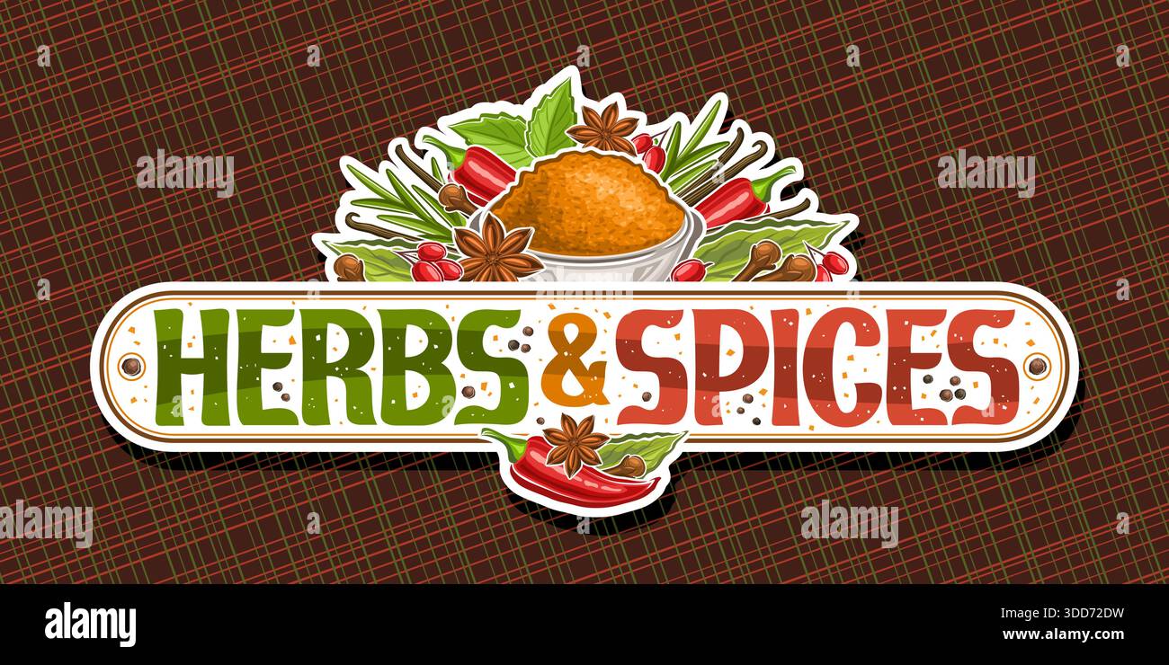 Vector logo for Herbs and Spices, decorative label with illustration of ...