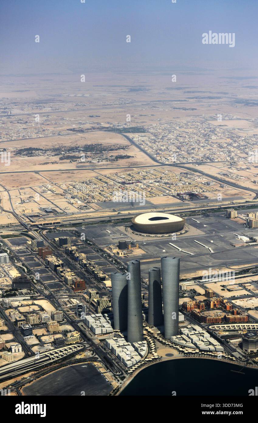 Aerial view of the Lusail towers and Lusail stadium in Lusail, Qatar ...