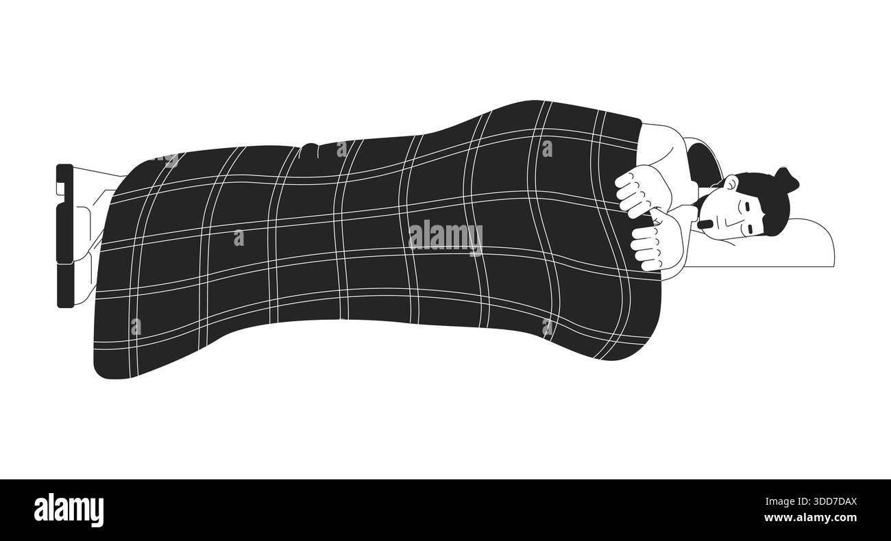 Tired man sleeping in jacket and shoes under checkered blanket 2D line ...
