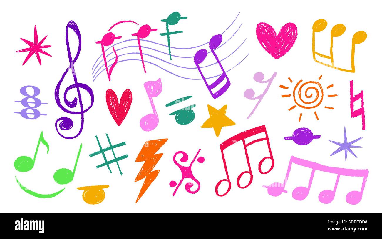 Crayon hand drawn music note doodle set with colorful chalk brush ...