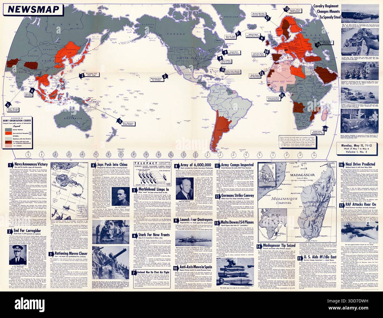 Large 1944 Newsmap world map poster illustrating the scale of Allied ...