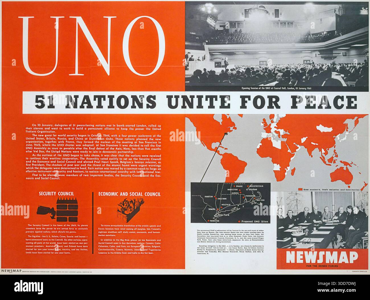 Historical 1945 Newsmap poster titled UNO 51 NATIONS UNITE FOR PEACE ...