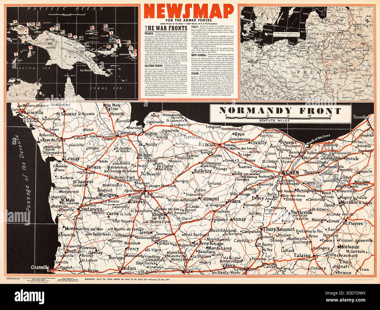 Detailed 1944 Newsmap map poster titled NORMANDY FRONT illustrating the ...