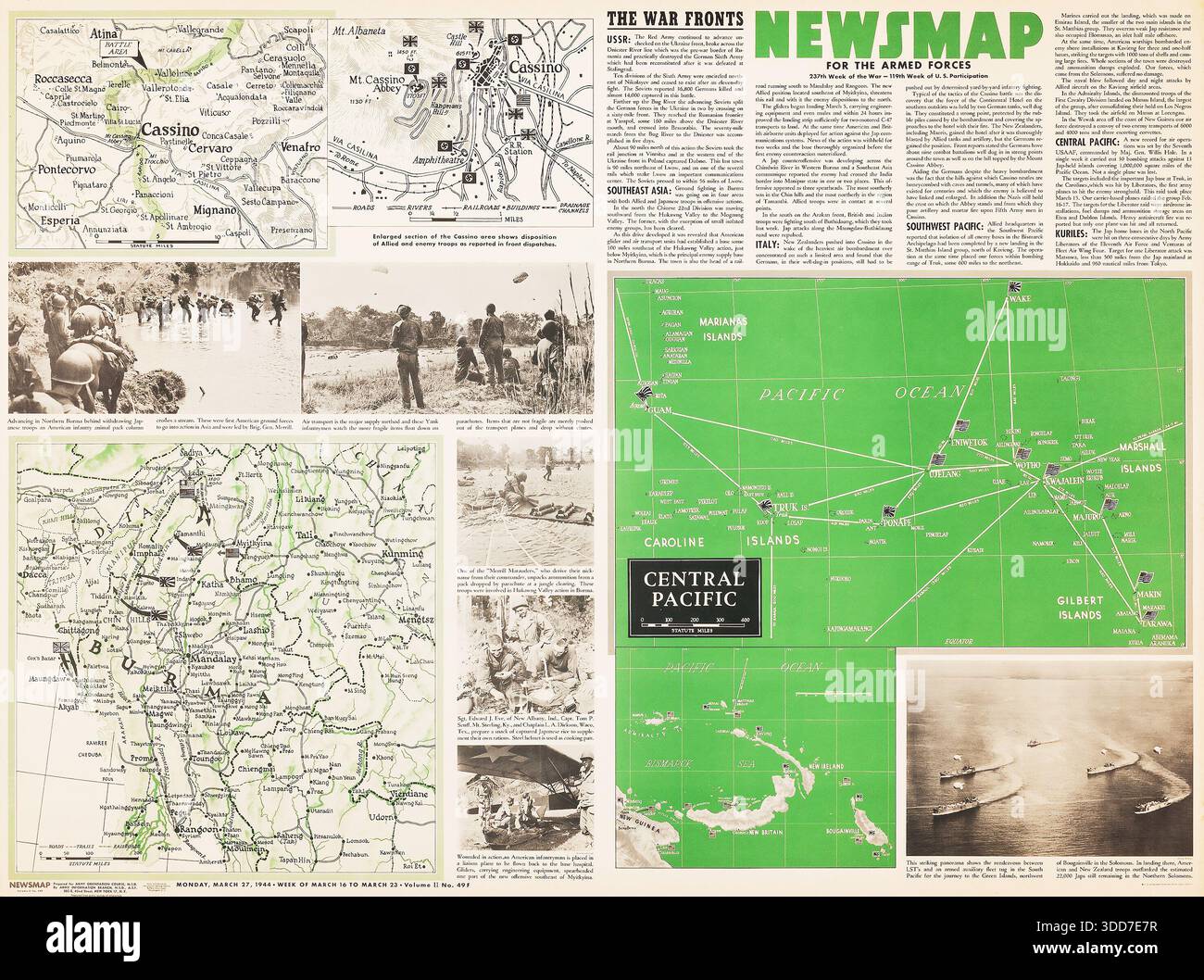 Detailed 1944 Newsmap strategic map titled THE WAR FRONTS focusing on ...