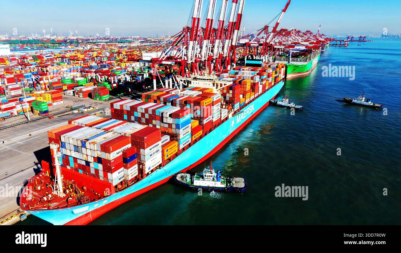 Aerial photo shows the Qianwan Container Terminal in Qingdao City, east ...