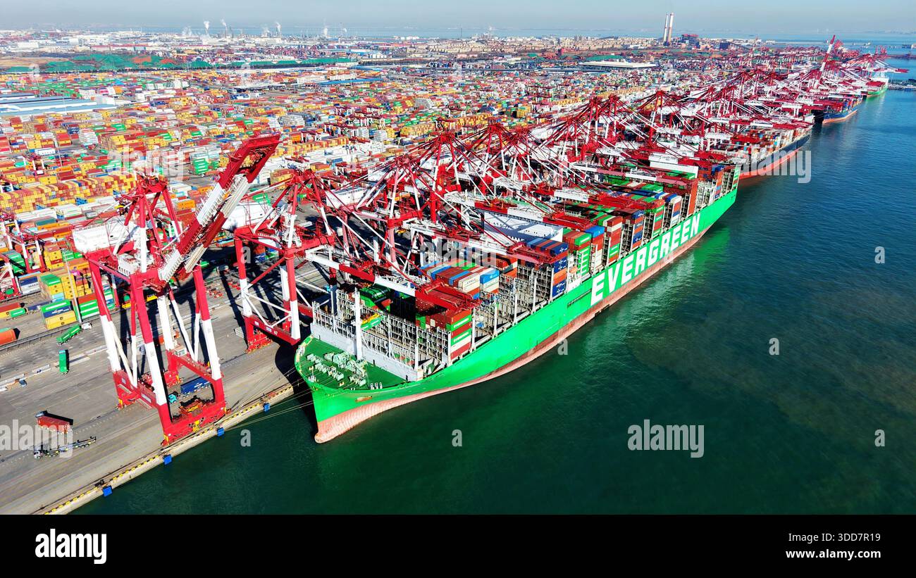 Aerial photo shows the Qianwan Container Terminal in Qingdao City, east ...