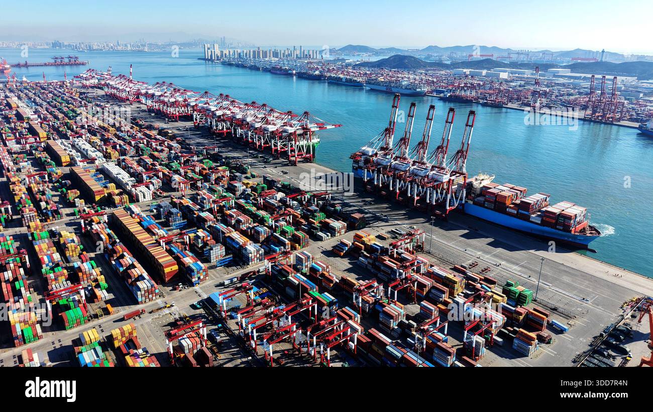 Aerial photo shows the Qianwan Container Terminal in Qingdao City, east ...