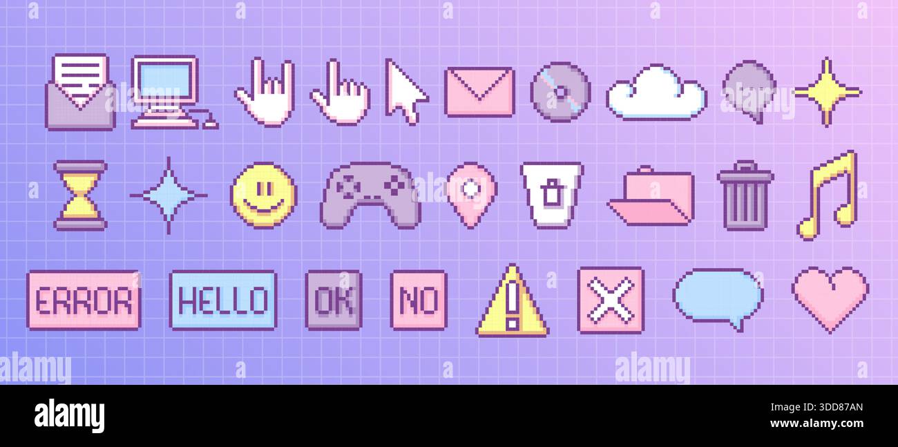 Y2k retro pixel game icons in cute style - computer and hand cursors ...
