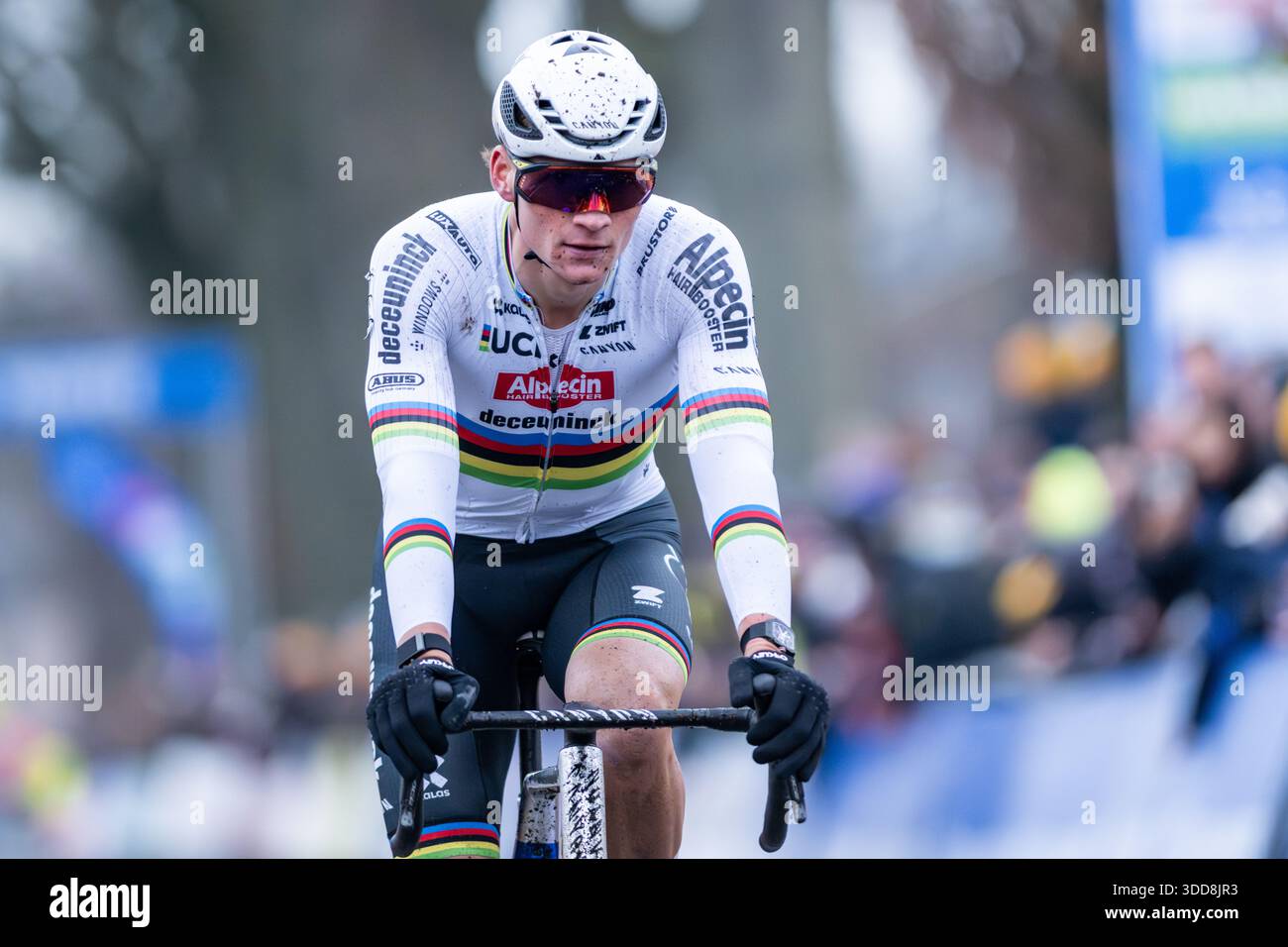 Dutch Mathieu Van Der Poel crosses the finish line at the men's elite ...