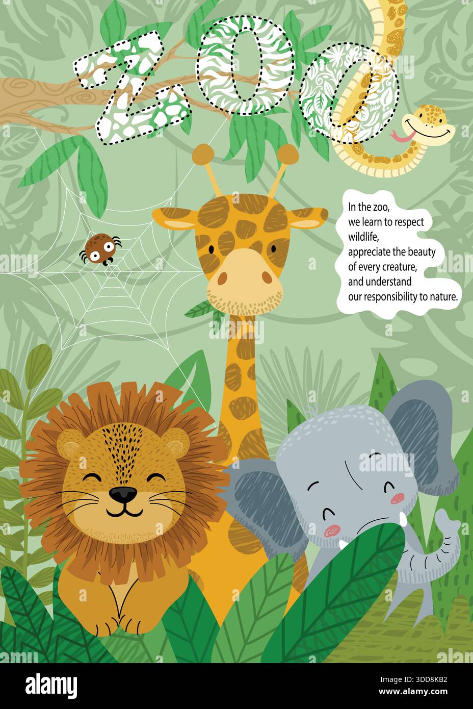 Cartoon zoo animals including giraffe, lion, elephant and snake in ...