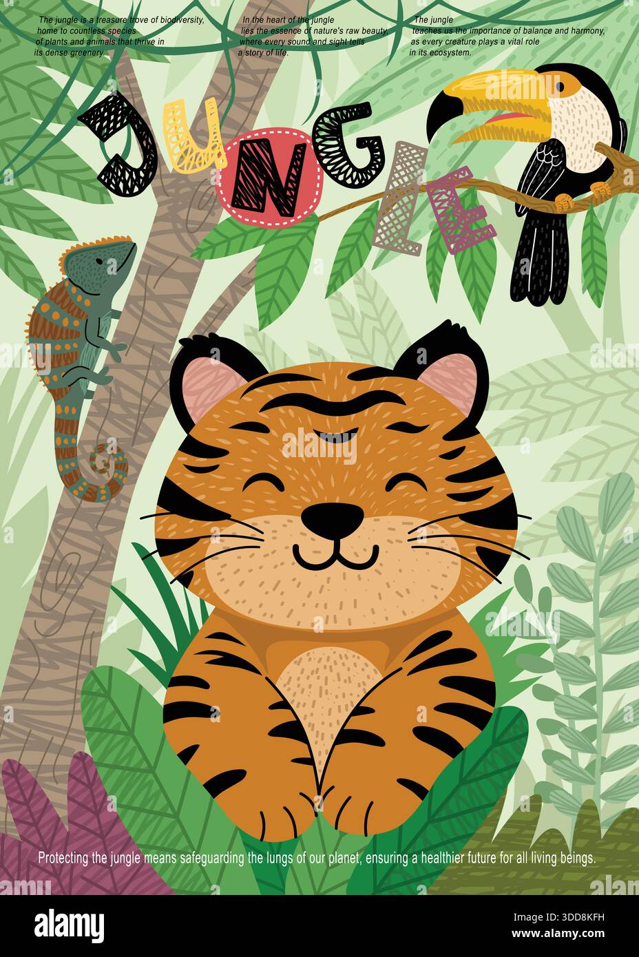 Cute cartoon tiger, toucan, and chameleon in lush green jungle ...