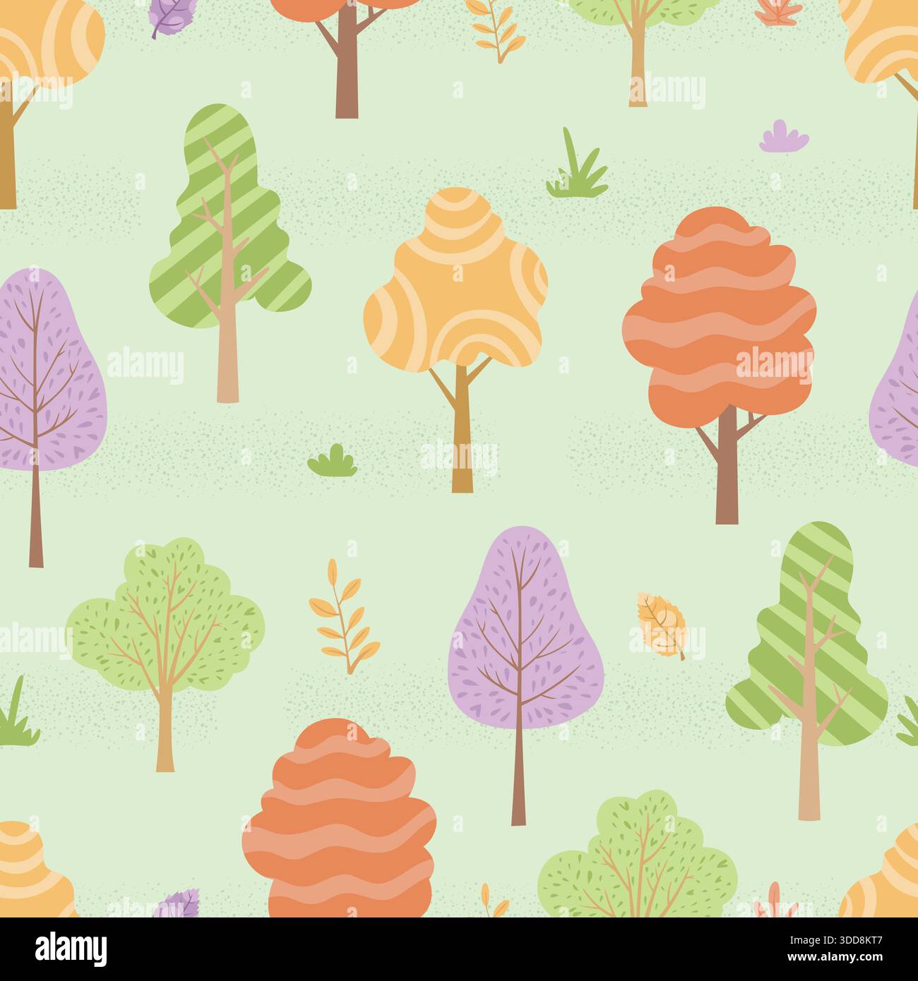 Seamless pattern with colorful cartoon trees and leaves in flat hand ...