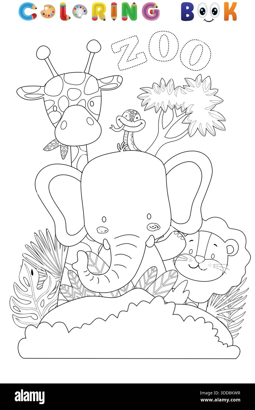 Cute cartoon zoo animals including giraffe, elephant, lion and snake ...